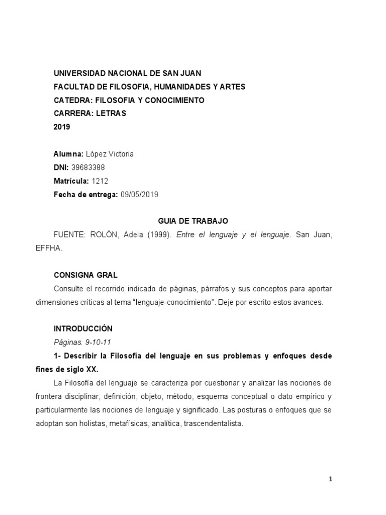 Trabajo Práctico N°8. (ROLÓN - Entre el lenguaje y el lenguaje) | PDF ...