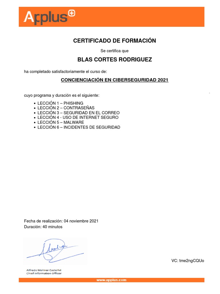 Certificado Concienciación en Ciberseguridad 2021 | PDF