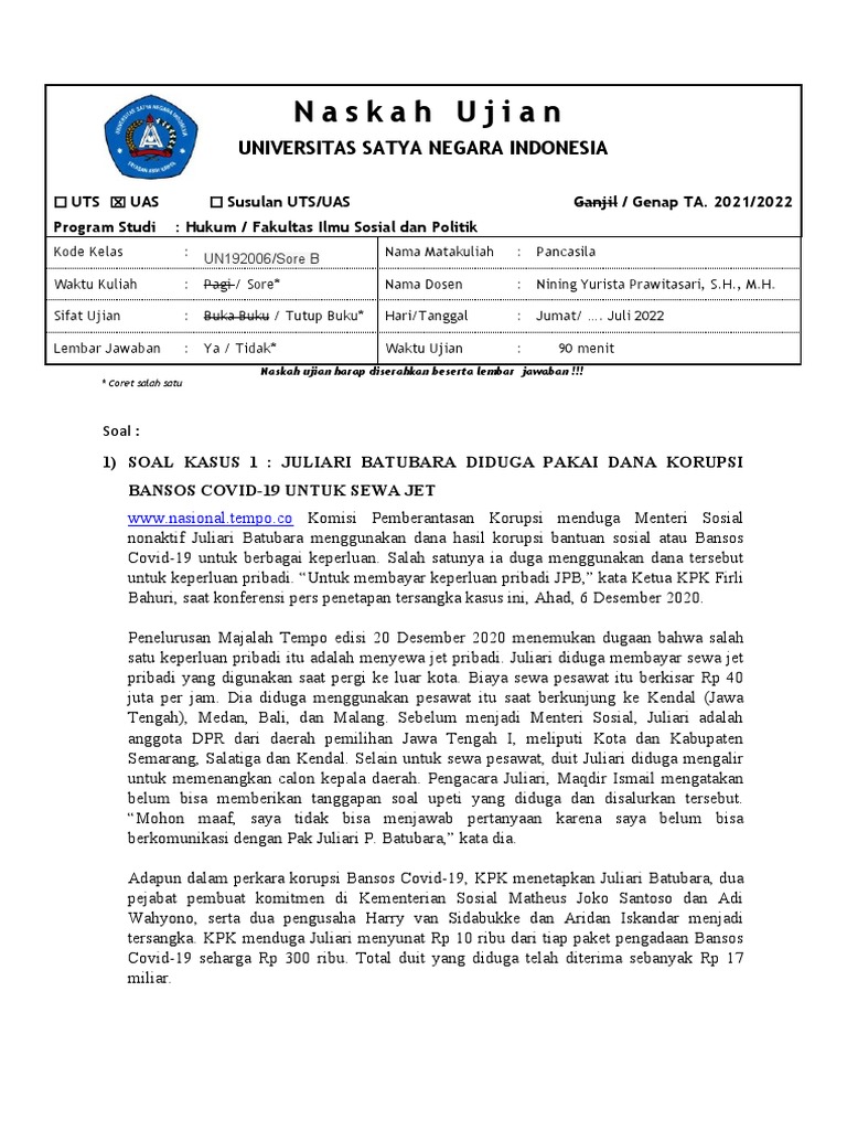 Soal UAS Pancasila Genap 2021-2022 | PDF