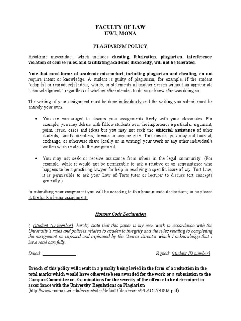 PLAGIARISM POLICY - Honour Code Declaration | PDF | Academic Dishonesty ...