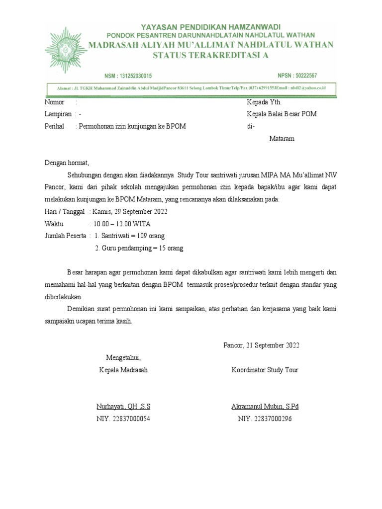 Surat Izin Study Tour BPOM Dan BPSstatistik | PDF