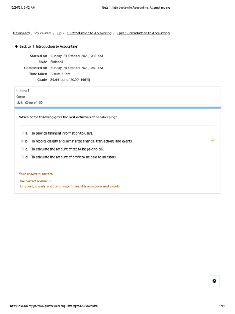 Quiz 1. Introduction To Accounting - Attempt Review | PDF | Accounting ...