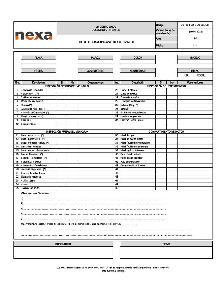 DD CL SSM SEG 005 ES CheckList Vehiculos Livianos | PDF | Estilos de carrocería | Bienes ...