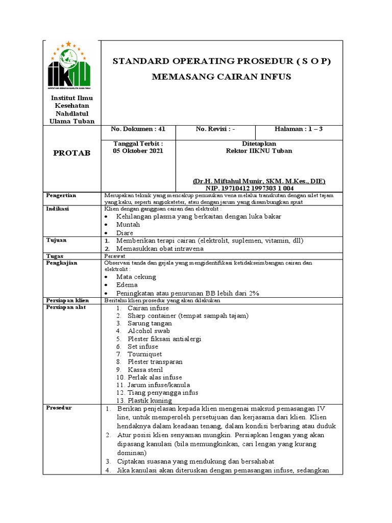 SOP Memasang Cairan Infus 2022 | PDF | Pengembangan Diri | Kesehatan Holistik