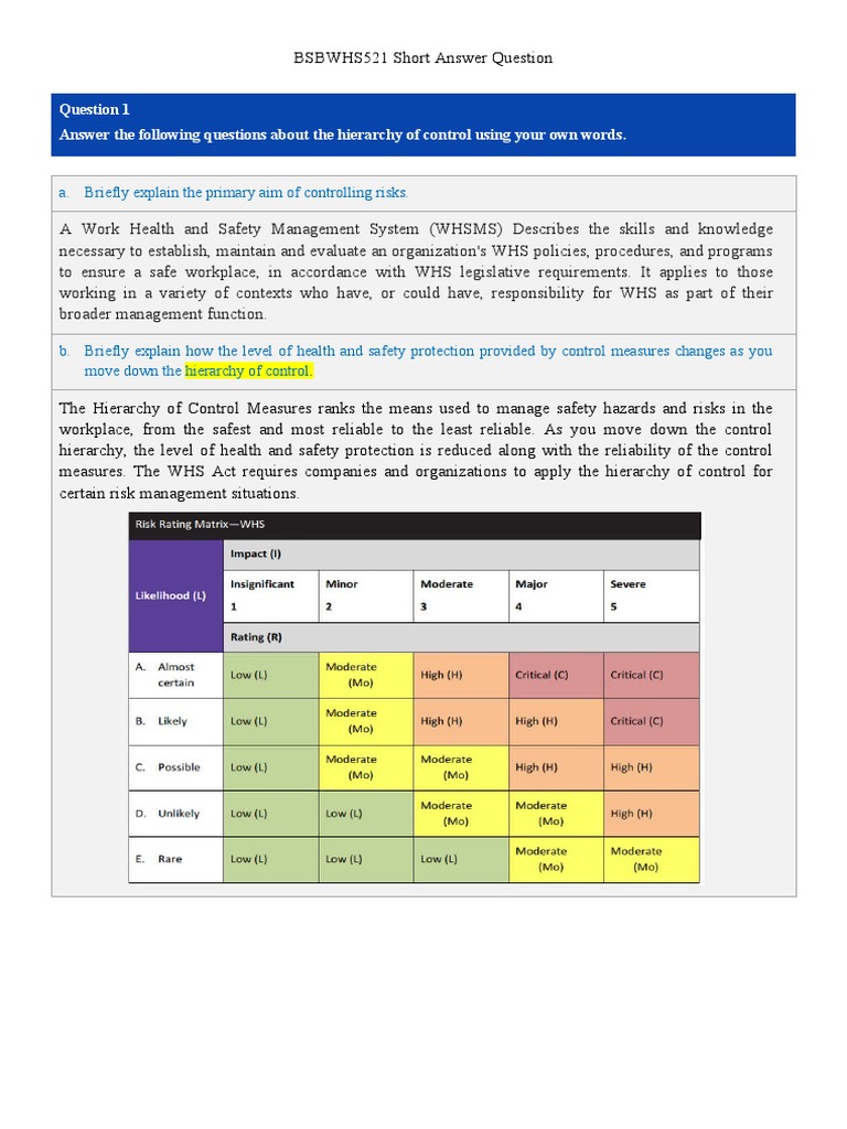 BSBWHS521 Short Answer Question | PDF