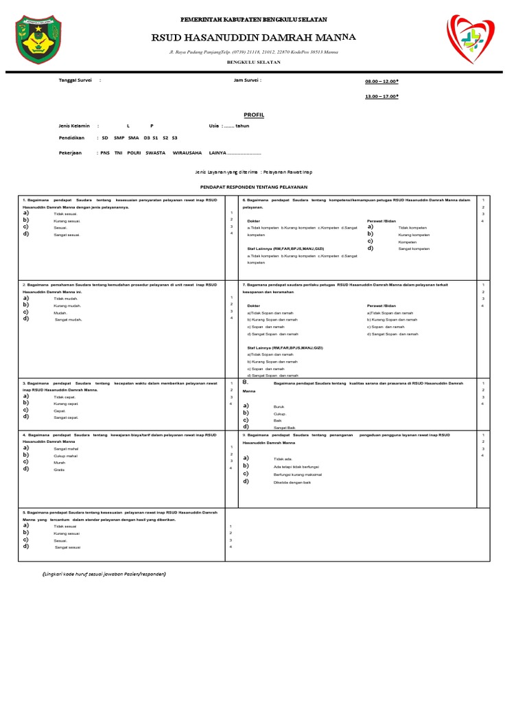 KUESIONER KEPUASAN PASIEN RAWAT INAP RSUD Hasanuddin Damrah Manna | PDF