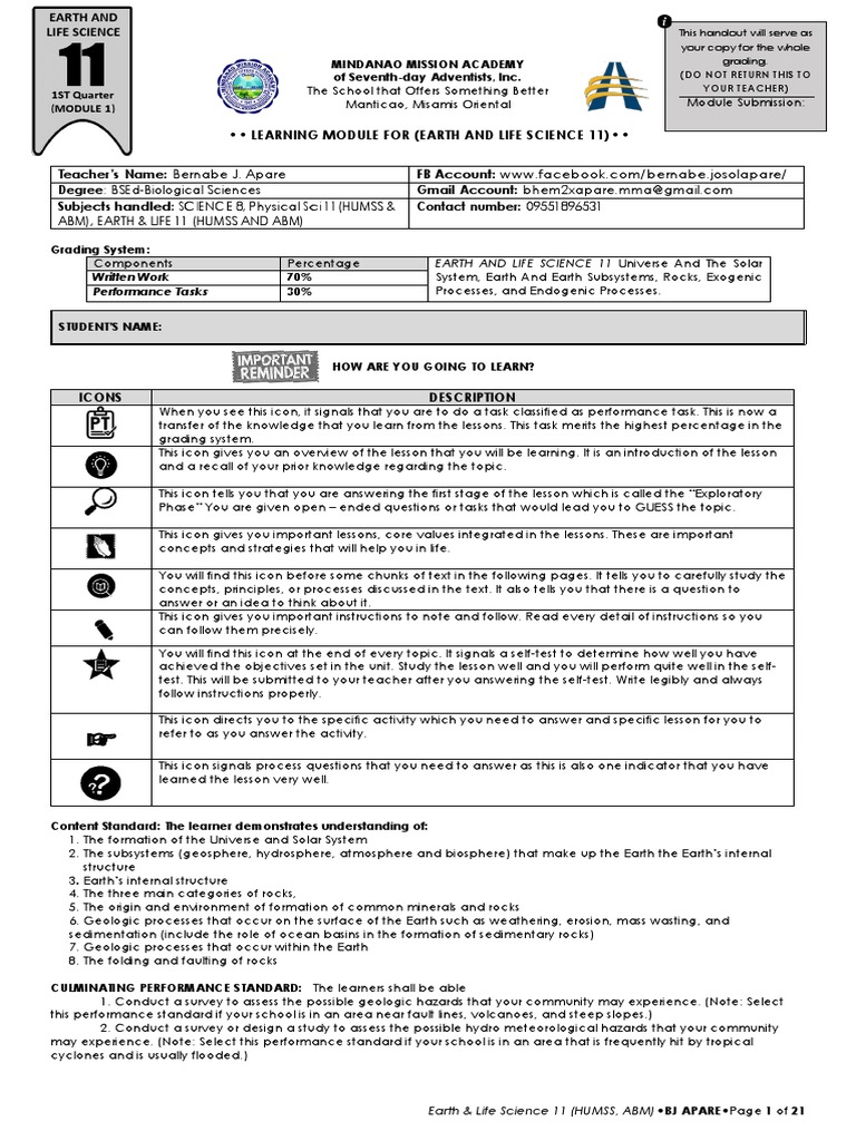 Earth and Life Science Q1M1 Handout 1 | PDF | Rock (Geology) | Sedimentary Rock