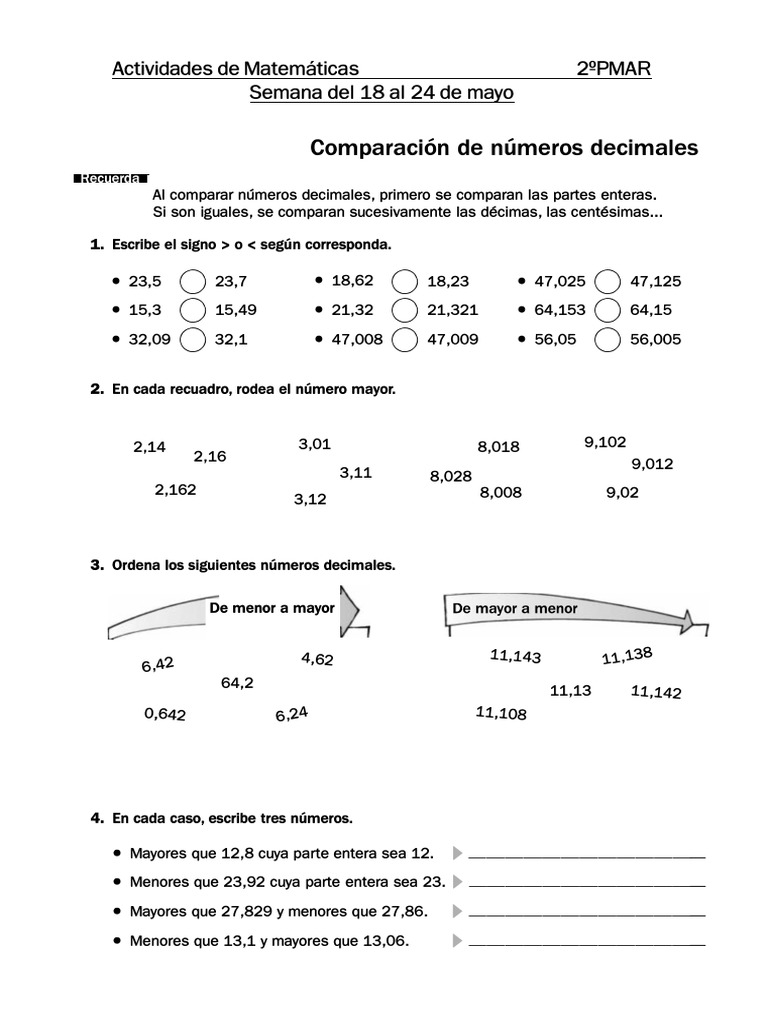 Comparación y Operaciones con Decimales | PDF | Codificaciones ...