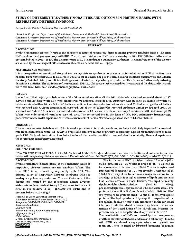 Study of Different Treatment Modalities and Outcome in Preterm Babies ...