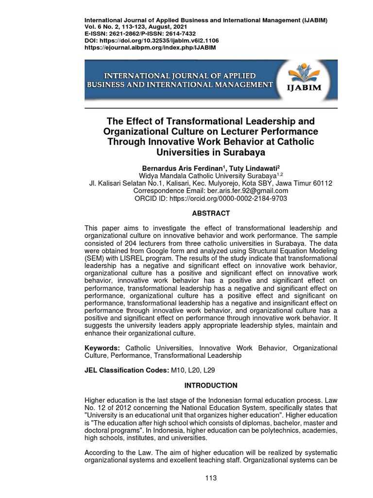 The Effect of Transformational Leadership and Organizational Culture On Performance of Lecture ...