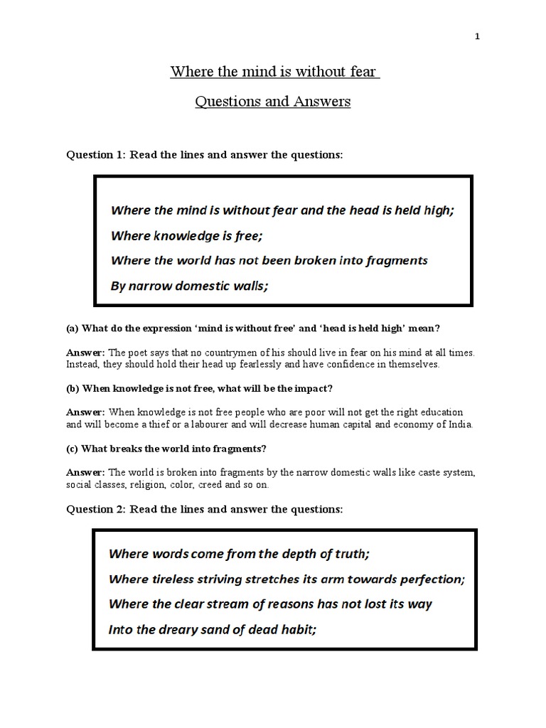 Tagore's "Where the Mind is Without Fear" Analysis | PDF | Mind | Thought