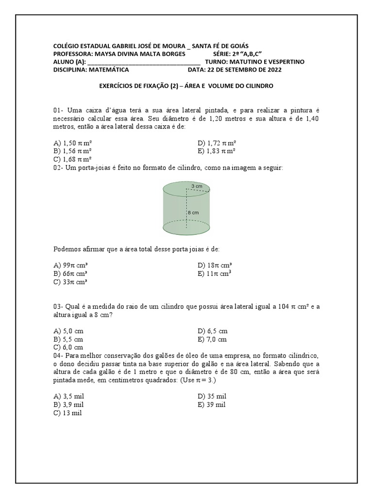 Área e Volume Do Cilindro 2 | PDF | Formas geométricas | Geometria Euclidiana