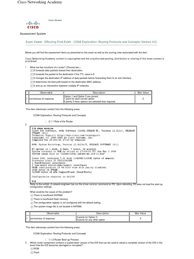 CCNA 2 Exploration ERouting Final Exam Form1 V 4.0 | PDF | Routing | Router (Computing)