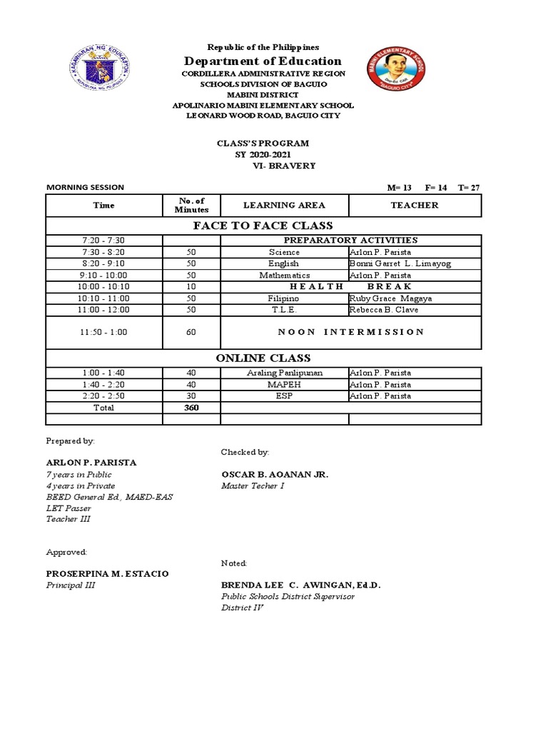 Sample Copy Class Program Pdf Schools Social Institutions 