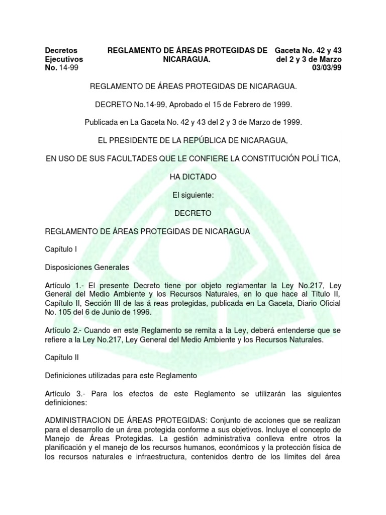 Decreto 14-99, Reglamento de Areas Protegidas | PDF | Biodiversidad | Fauna