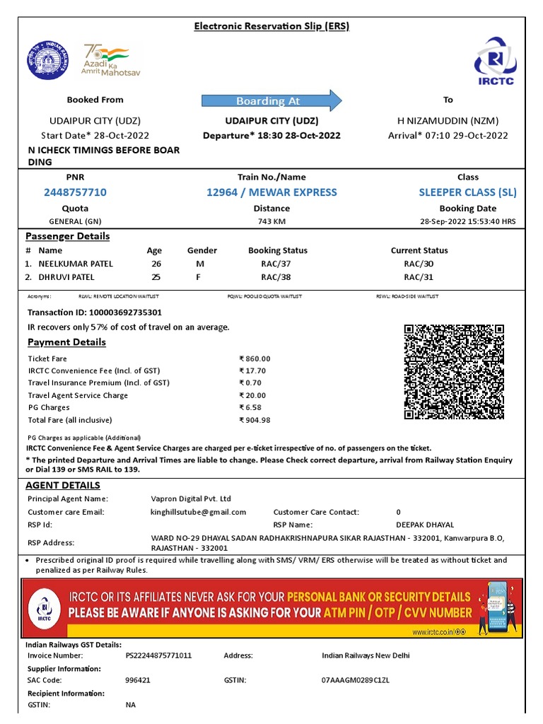 Mewar Express Sleeper Class (SL) | PDF | Identity Document