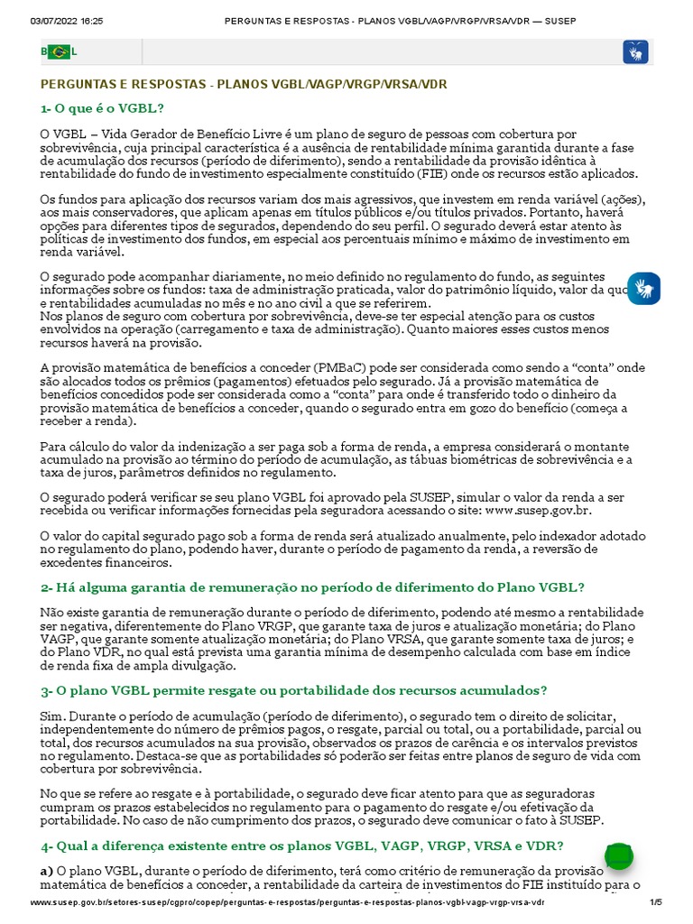 Perguntas e Respostas - Planos VGBL - Vagp - VRGP - Vrsa - VDR - Susep ...