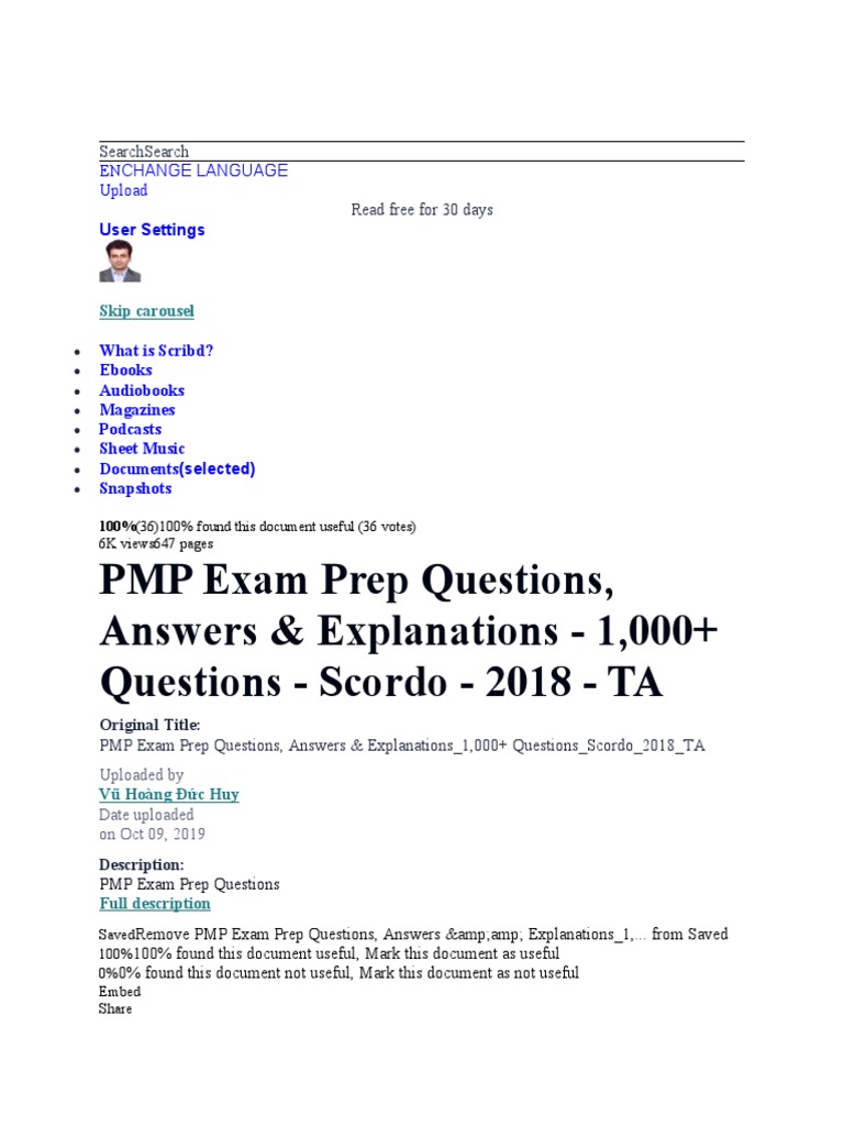 PMP Exam Prep Questions, Answers & Explanations - 1,000+ Questions - Scordo - 2018 - TA | PDF