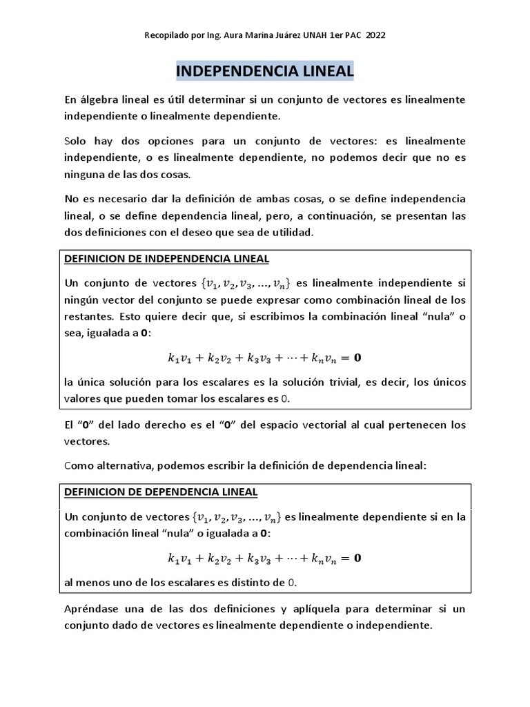 5-Independencia Lineal | PDF | Espacio vectorial | Matemáticas
