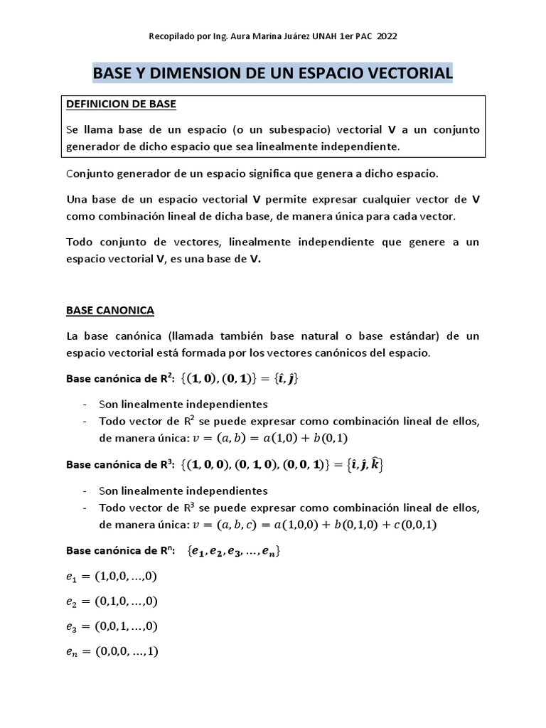 6-Base y Dimension de Un Espacio Vectorial | PDF | Base (álgebra lineal ...