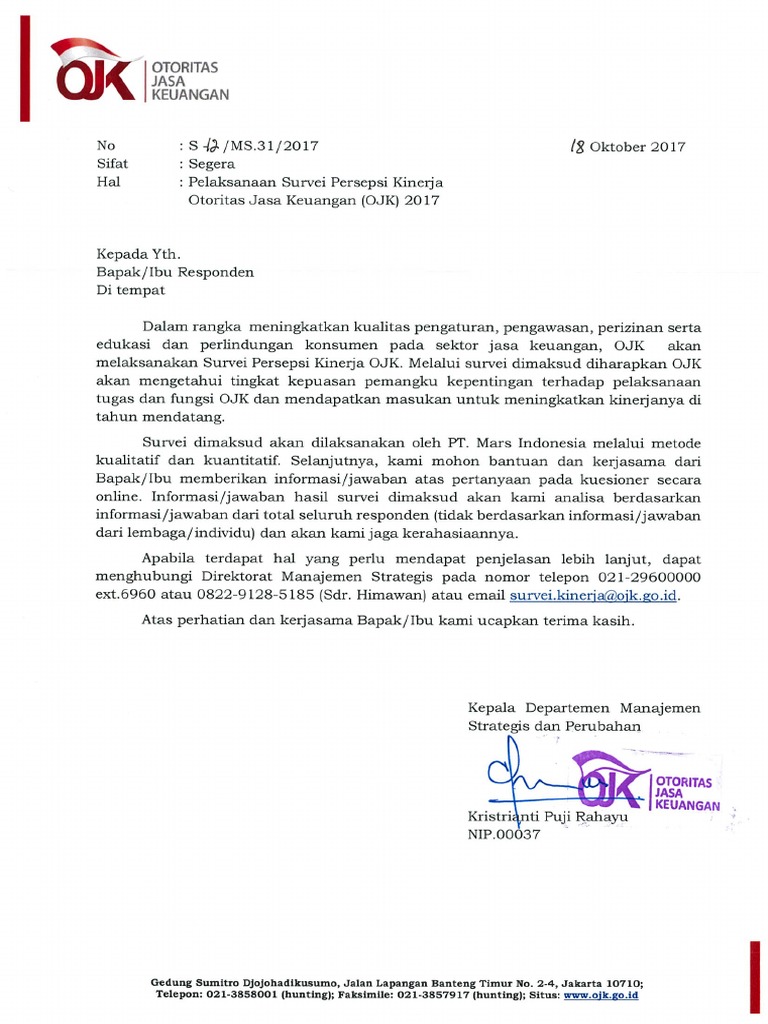 Surat Pemberitahuan Survei OJK | PDF
