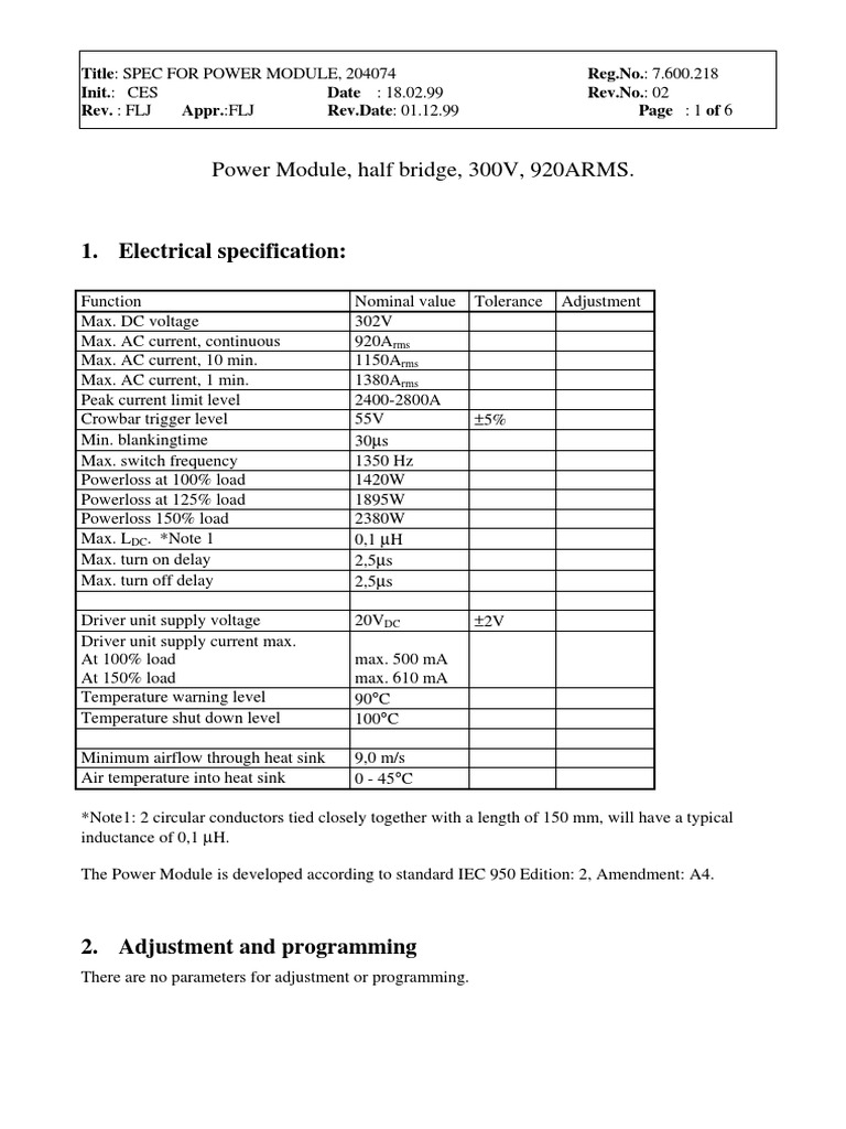 Power Module, Half Bridge, 300V, 920ARMS.: 1. Electrical Specification | PDF | Power Inverter ...