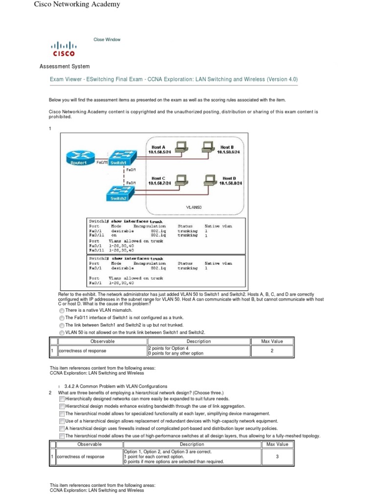 CCNA 3 Exploration ESwitching Final Exam Form2 V 4.0 | PDF | Cisco Certifications | Router ...