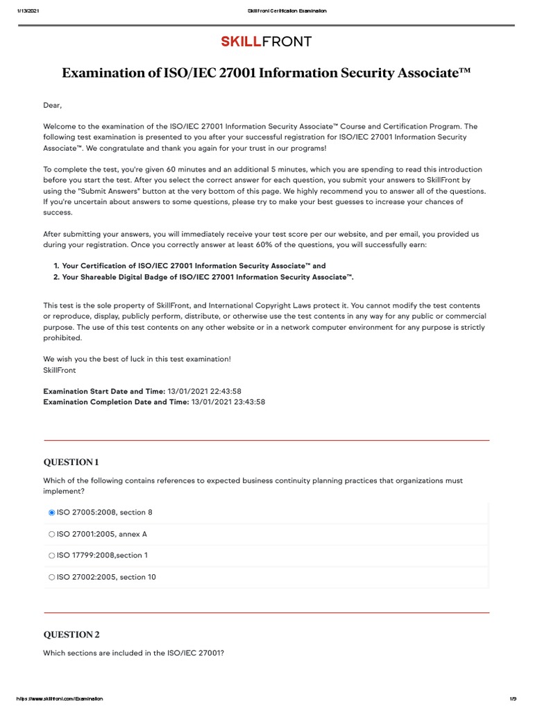 SkillFront Certification Examination | PDF | Information Security | Risk