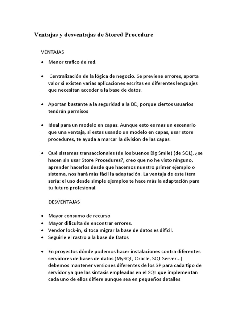 Ventajas y Desventajas de Stored Procedure | PDF | SQL | Bases de datos