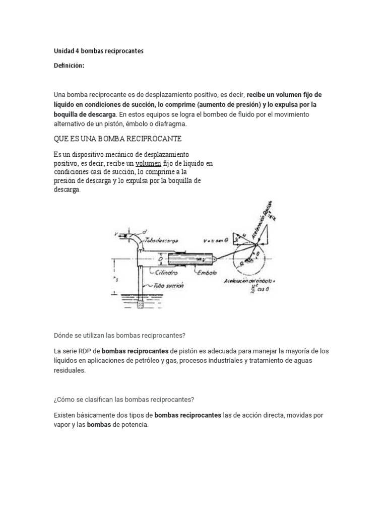 Unidad 4 Bombas Reciprocantes Definición | PDF | Bomba | Pistón