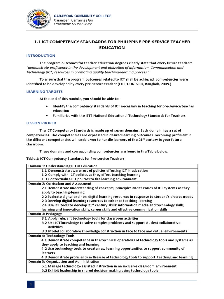 1.1 ICT Competency Standards For Philippine Pre-Service Teacher ...