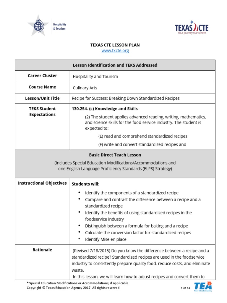 Lesson Plan Recipe For Success Breaking Down Standardized Recipes - 0 ...