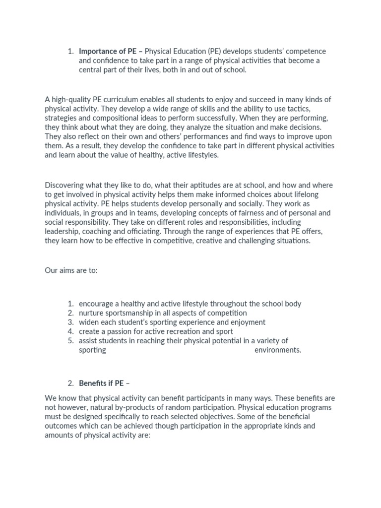Importance of PE | Download Free PDF | Self Esteem | Physical Fitness