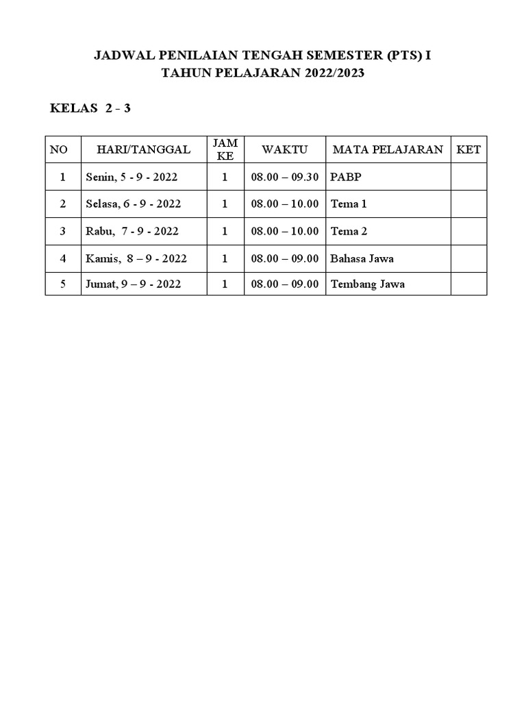 Jadwal Pts 1 & Sts TH 2022-2023 (Revisi) | PDF