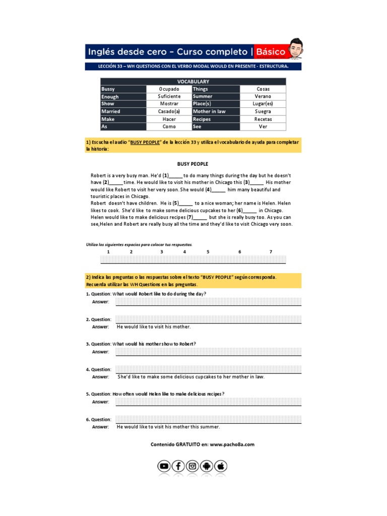 Lección 33 - WH Questions Con El Modal Would | PDF
