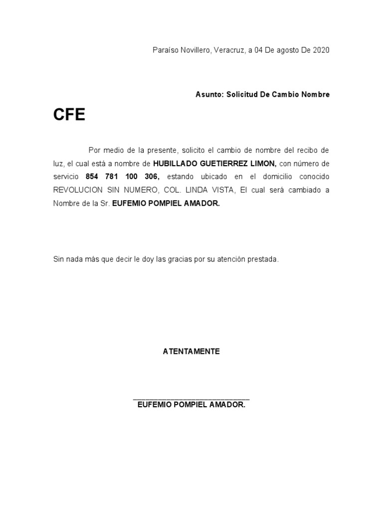 Carta para Cambio de Nombre Cfe | PDF Carta para Cambio de Nombre Cfe | PDF