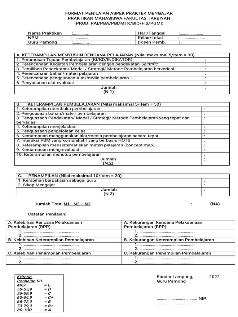 FORMAT PENILAIAN ASPEK PRAKTEK MENGAJAR Fix | PDF