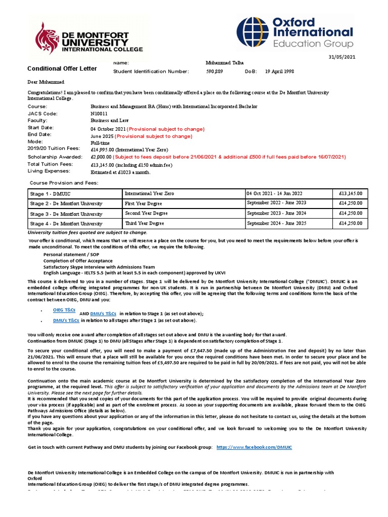 Conditional Offer Letter: (Provisional Subject To Change) (Provisional ...