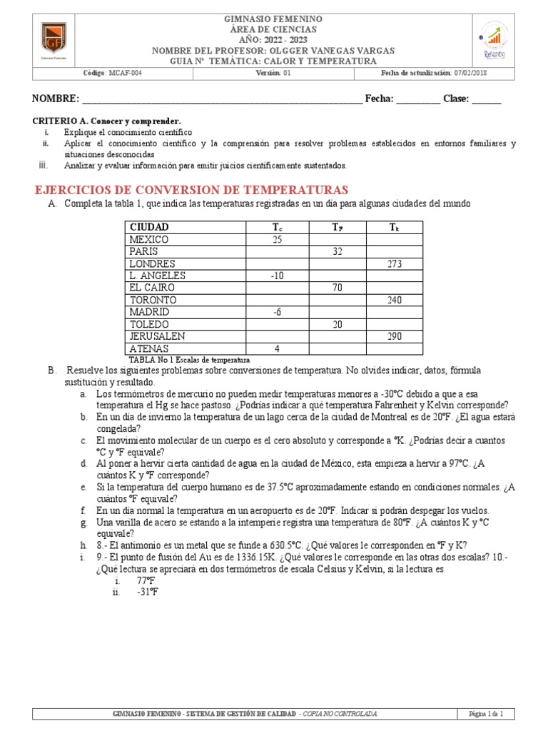 Guia No 1 Calor y Temperatura Conversiones | PDF | Fahrenheit | Celsius