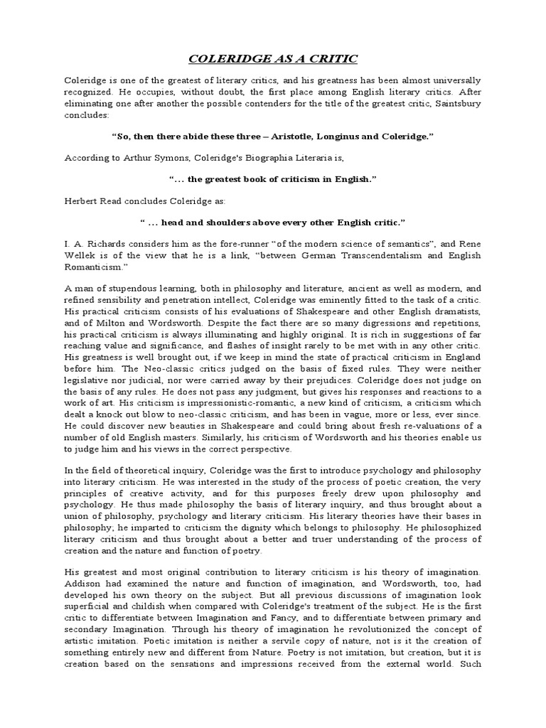 Coleridge As Critic | PDF | Poetry | Samuel Taylor Coleridge