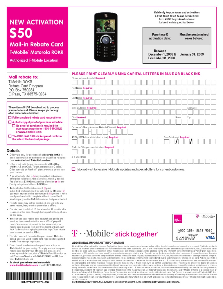 T-Mobile Mail-In Rebate Terms and Conditions for $50 Rebate Card with ...