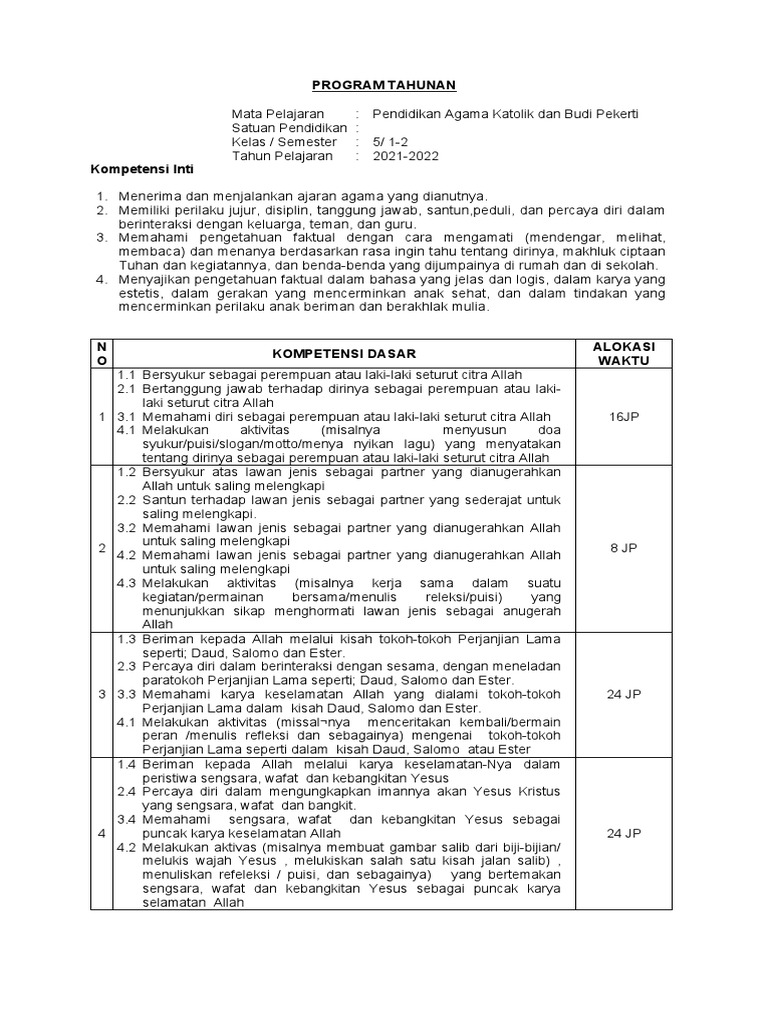 Program Tahunan Agama Katolik Kelas 5 | PDF