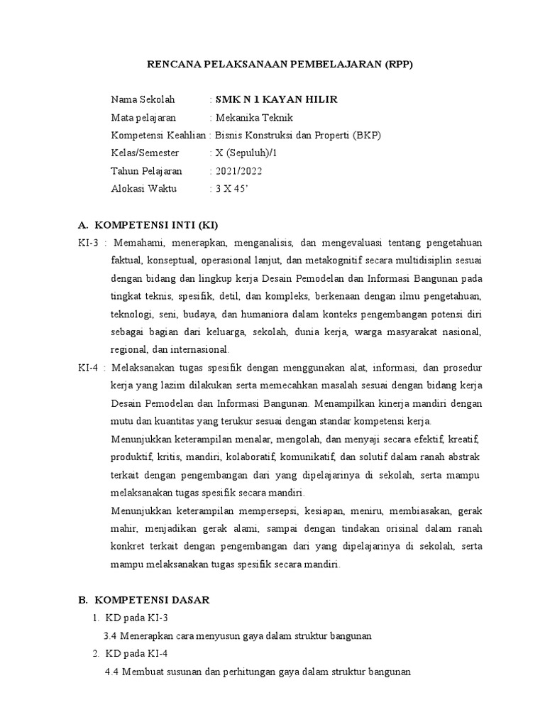 RPP Mekanika Teknik SMK Kayan Hilir | PDF