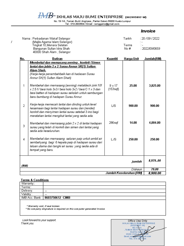 Invoice IMB Sk1sas Awning Jubin Dan Lamtai 20092022 | PDF Invoice IMB Sk1sas Awning Jubin Dan Lamtai 20092022 | PDF