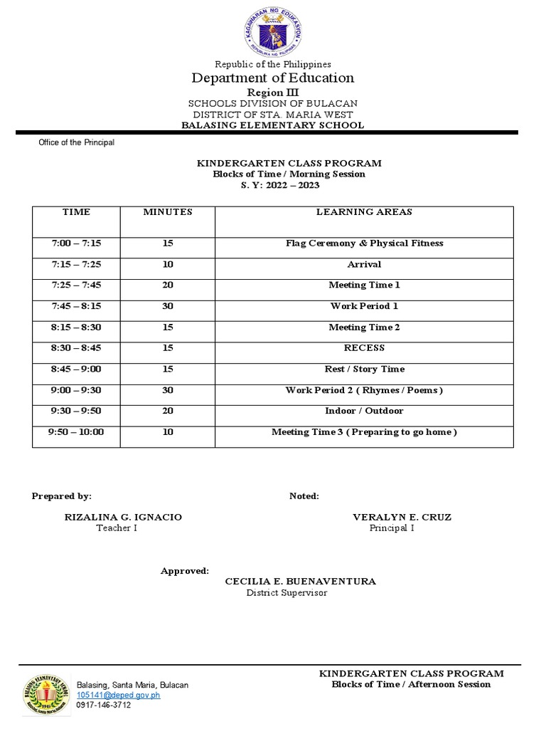 Class Program Kinder Sy.2022 2023 | PDF | Educational Institutions ...