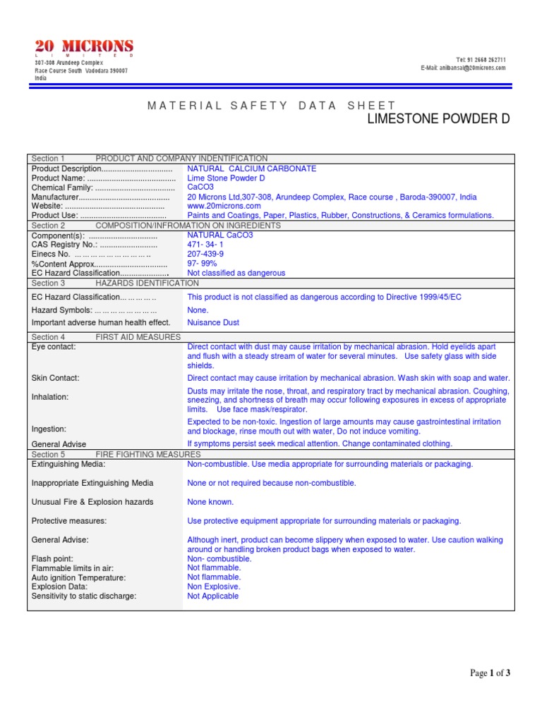 Msds Limestone Powder D | PDF | Water | Packaging And Labeling
