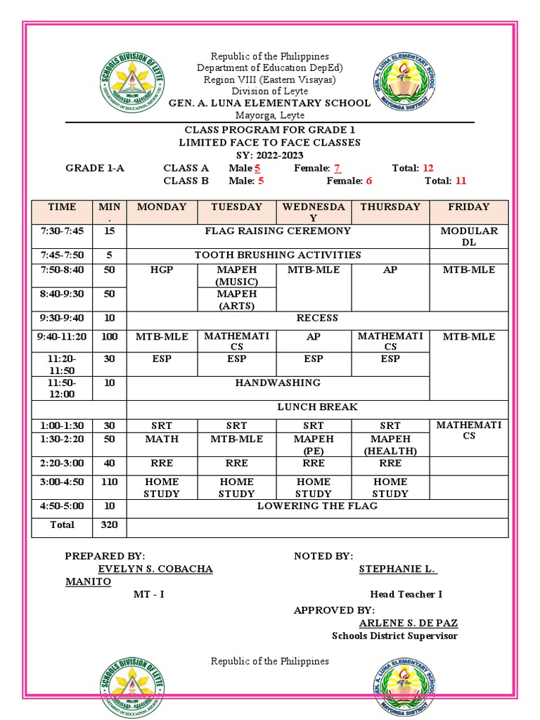 Gen. A. Luna Elementary School Class Program for Grades 1-6 SY 2022-2023 | PDF | Public Services ...