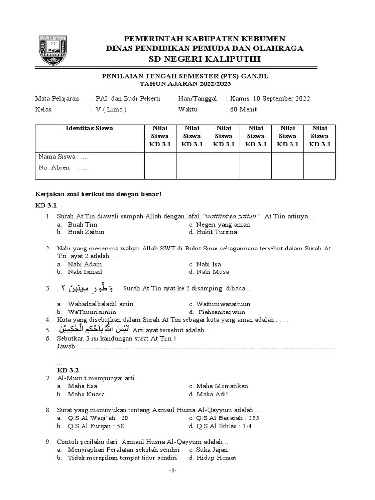 Soal PTS PAI Kelas 5 | PDF | Agama & Spiritualitas