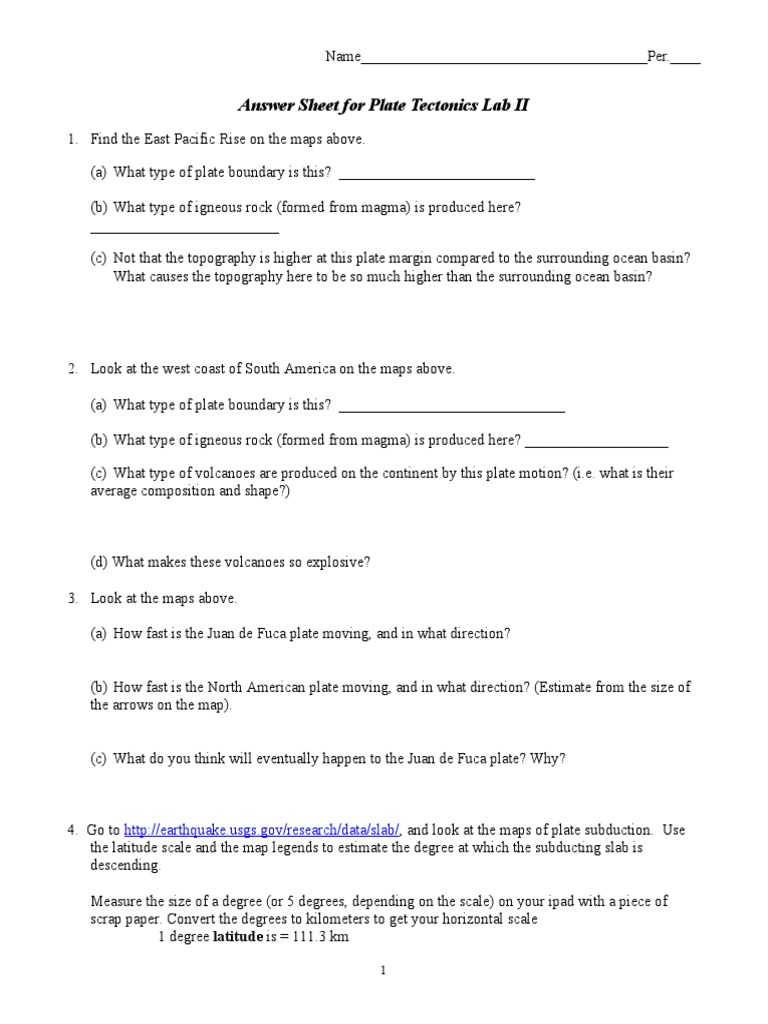 Answer Sheet for Plate Tectonics Lab II | PDF | Plate Tectonics | Volcano