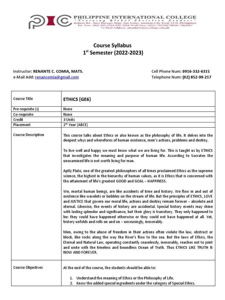 Ethics Syllabus | PDF | Morality | Lecture